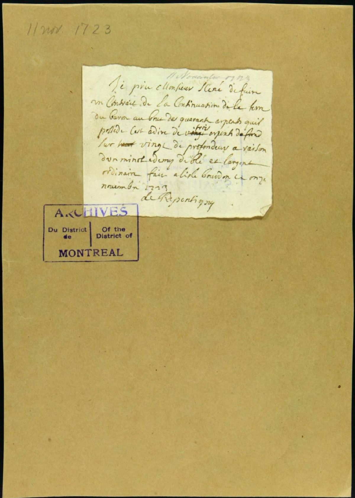 Billets de Legardeur de Repentigny au notaire Nicolas Senet, pour des ...