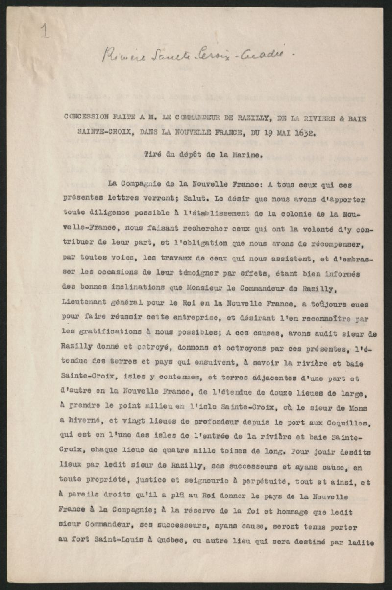 Concession au sieur de Razilly : Rivière et Baie Sainte-Croix | BAnQ ...