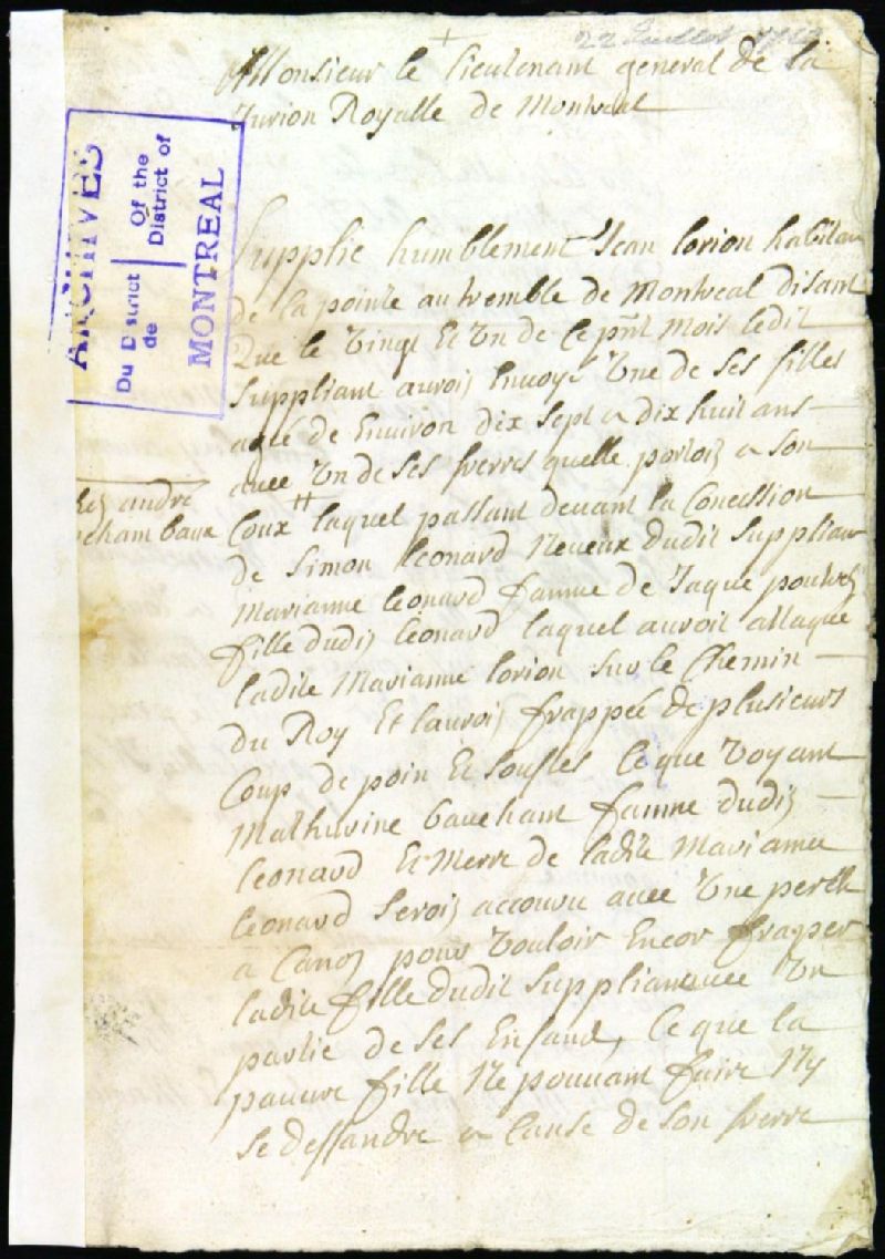 Procès entre Jean Lorion, de Pointe-aux-Trembles, plaignant, et Marie ...