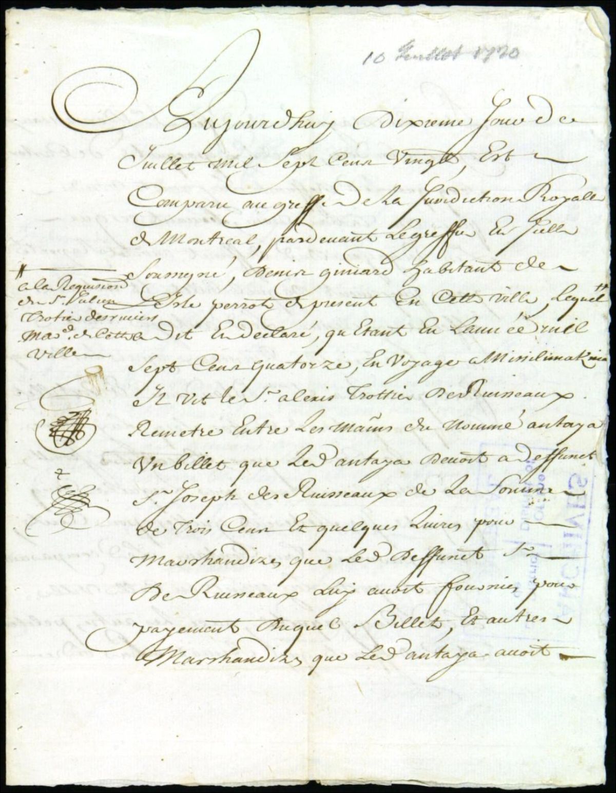 Julien Trottier, sieur DesRivières, demandeur, et François Pelletier ...