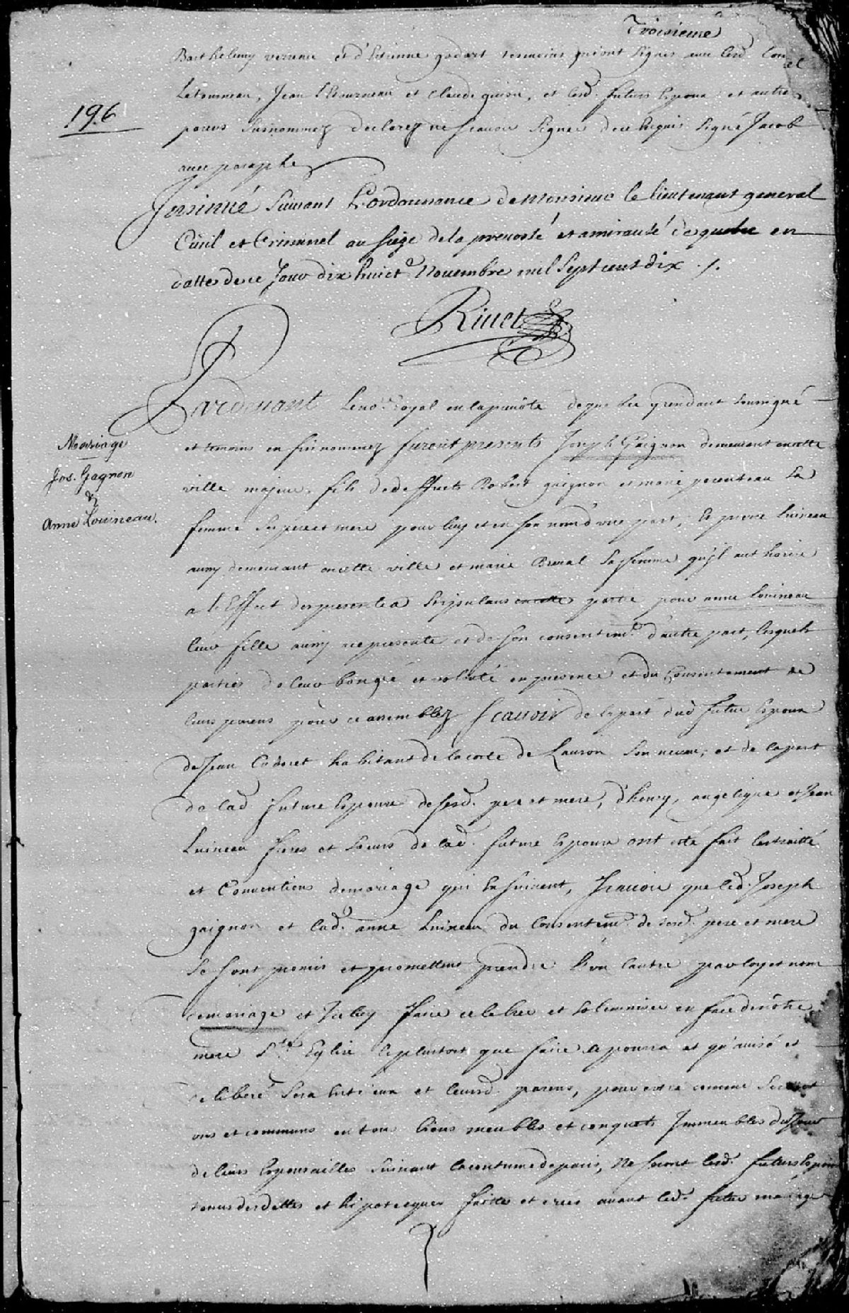 Contrat de mariage passé pardevant maître Rivet, notaire royal en la ...