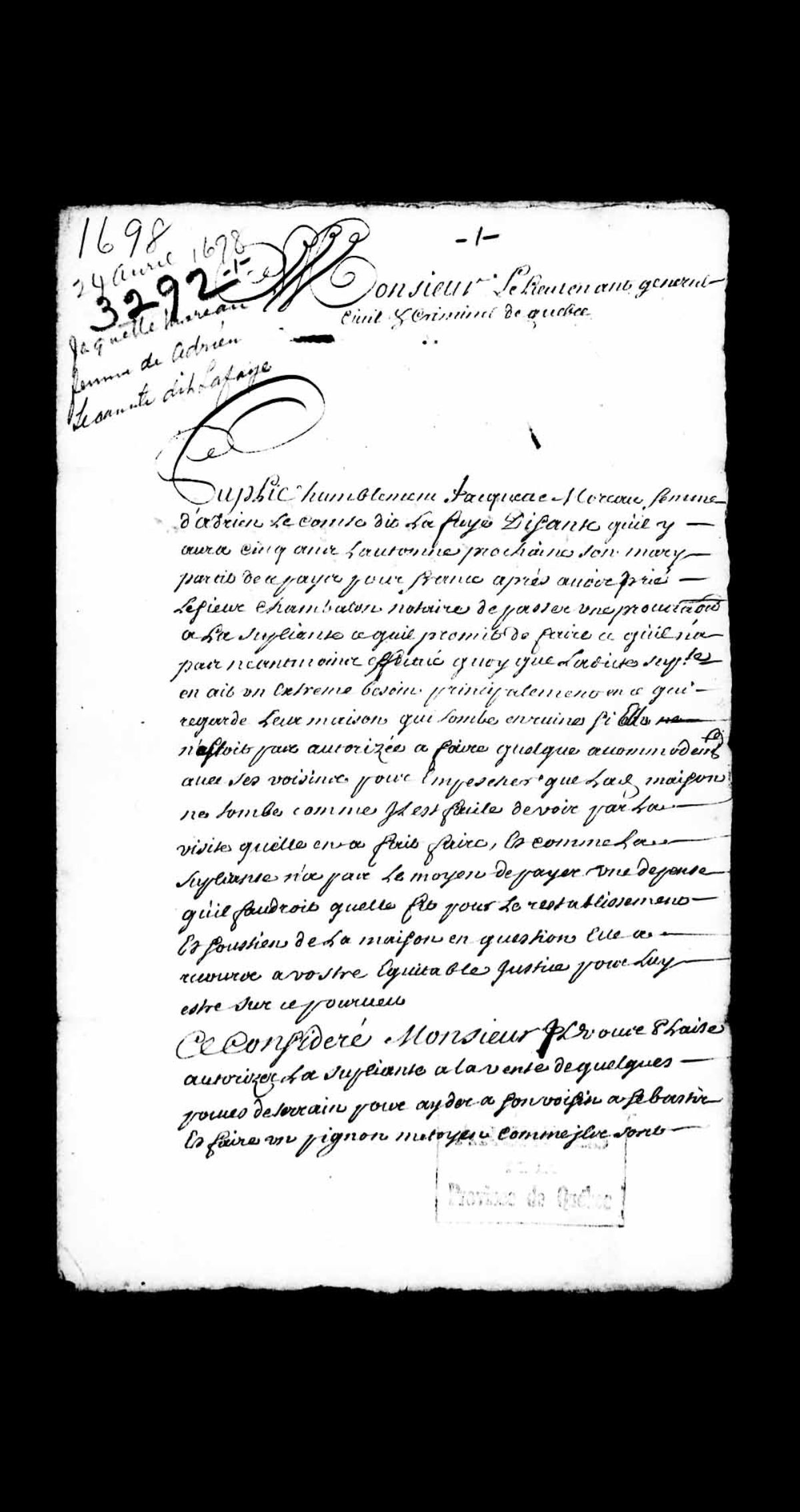 Requête de Jacquette Moreau, femme de Adrien Lecomte dit Lafaye (Lasuie ...