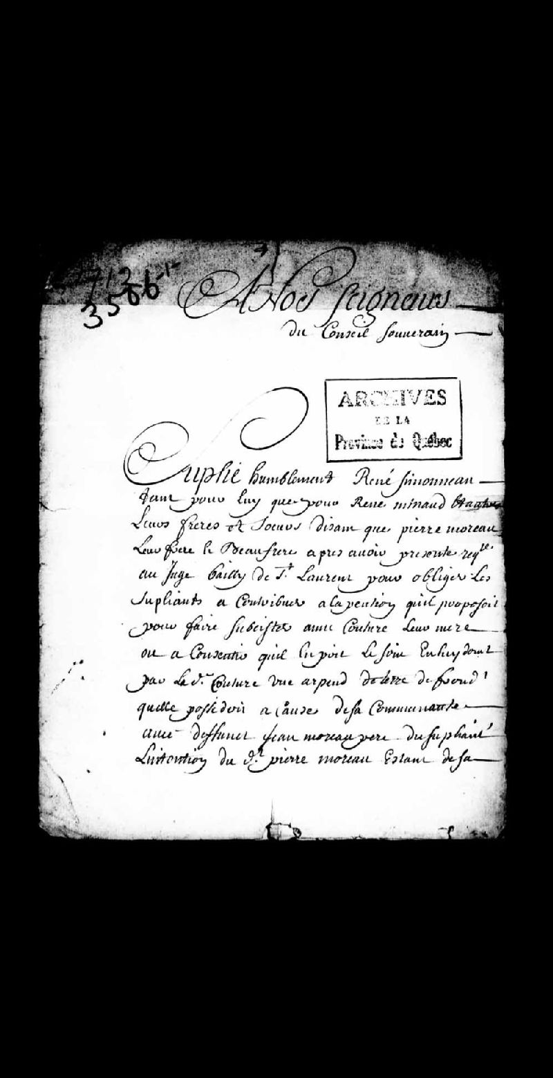 Requête de René Simoneau, fils de Jean Moreau et Anne Couture, tant ...