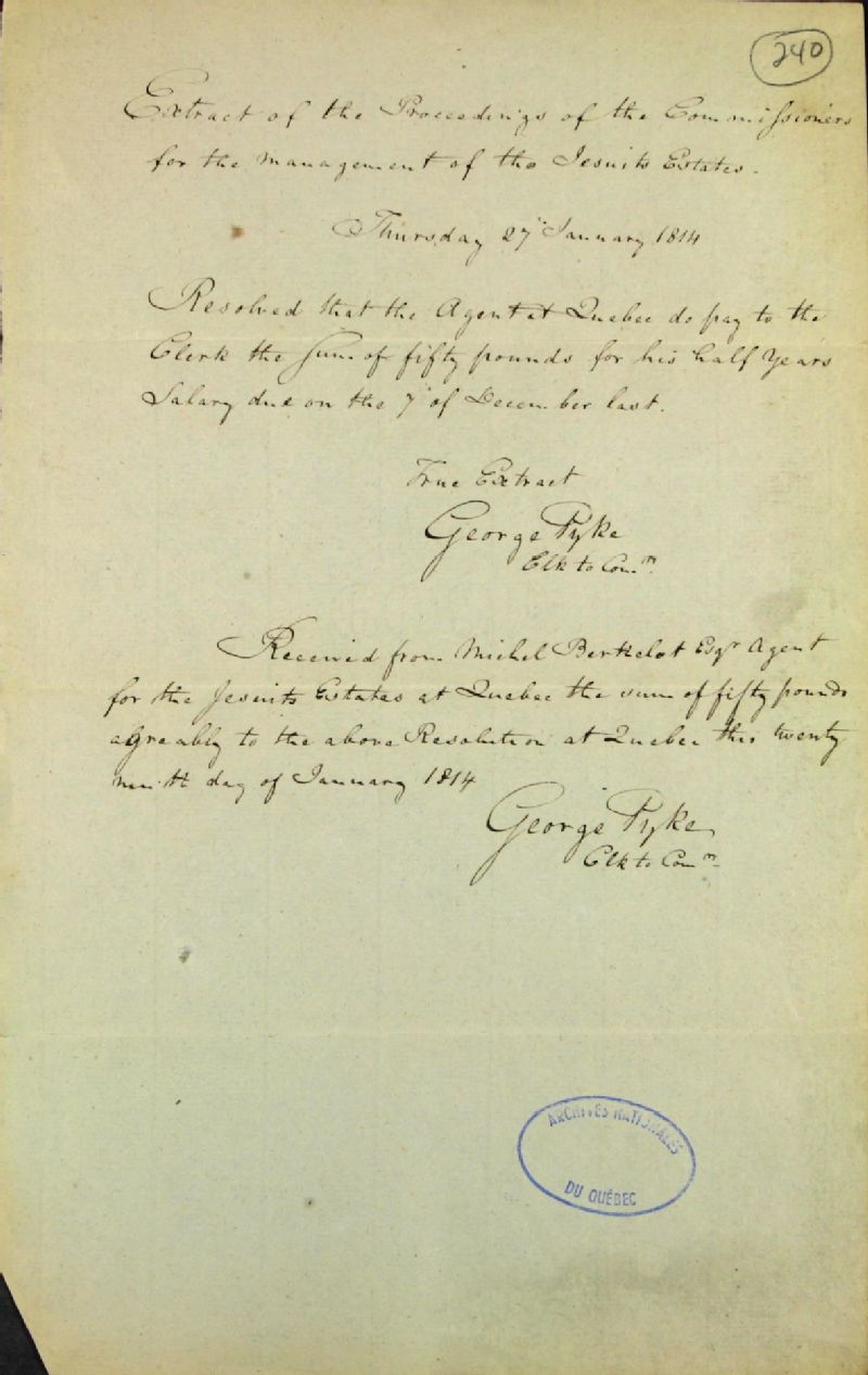 Extrait, concernant le salaire de George Pyke, secrétaire de la ...