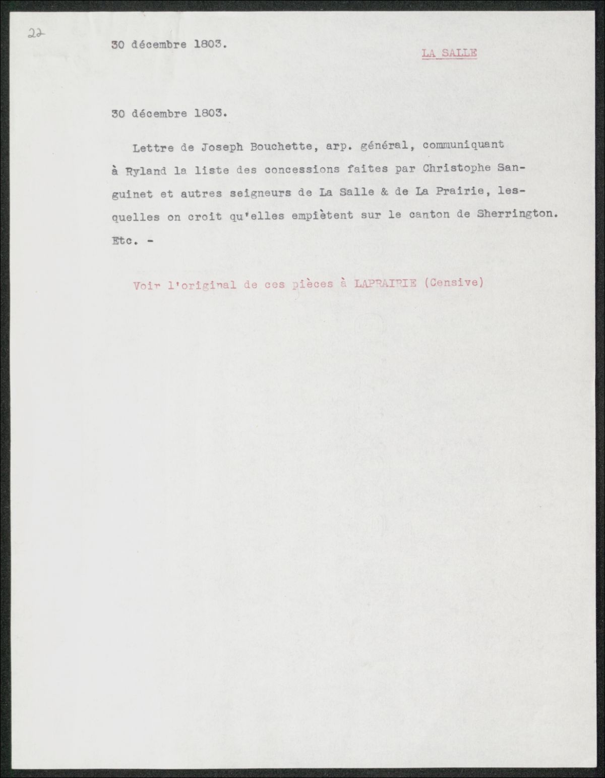 Documents de travail : Références à la lettre de Joseph Bouchette à ...