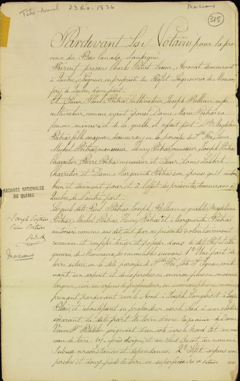 Titre nouvel de Paul Poitras, cultivateur, Joseph Belleau, aussi ...