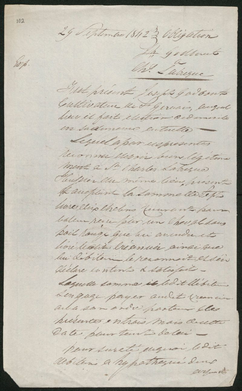 Obligation par Joseph Godbout à Charles Labrecque | BAnQ numérique